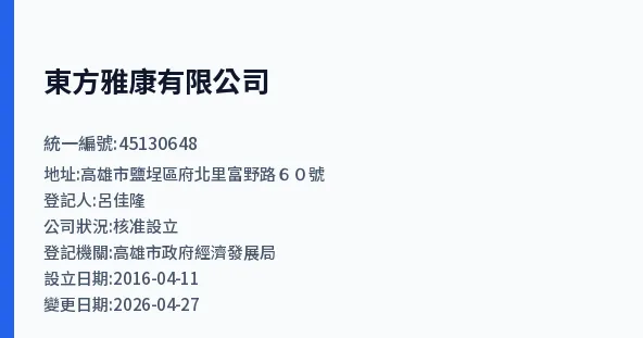 東方雅康有限公司的照片-統編 45130648(高雄市) 公司登記資料與營業項目詳細圖表