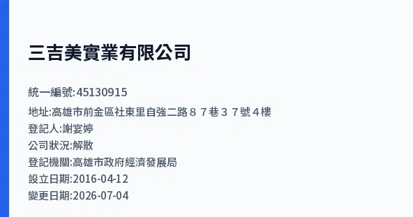 三吉美實業有限公司的照片-統編 45130915(高雄市) 公司登記資料與營業項目詳細圖表
