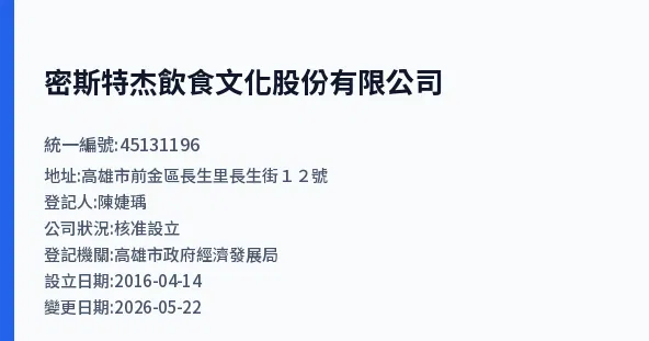 密斯特杰飲食文化股份有限公司的照片-統編 45131196(高雄市) 公司登記資料與營業項目詳細圖表