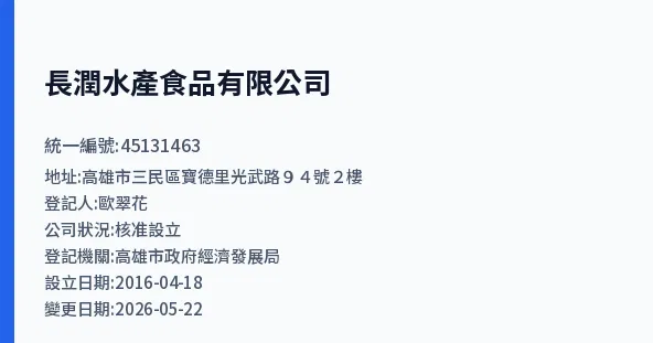 長潤水產食品有限公司的照片-統編 45131463(高雄市) 公司登記資料與營業項目詳細圖表