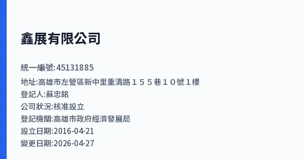鑫展有限公司的照片-統編 45131885(高雄市) 公司登記資料與營業項目詳細圖表