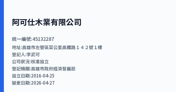 阿可仕木業有限公司的照片-統編 45132287(高雄市) 公司登記資料與營業項目詳細圖表