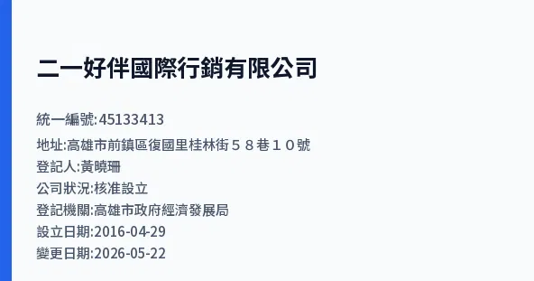 二一好伴國際行銷有限公司的照片-統編 45133413(高雄市) 公司登記資料與營業項目詳細圖表