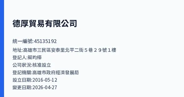 德厚貿易有限公司的照片-統編 45135192(高雄市) 公司登記資料與營業項目詳細圖表