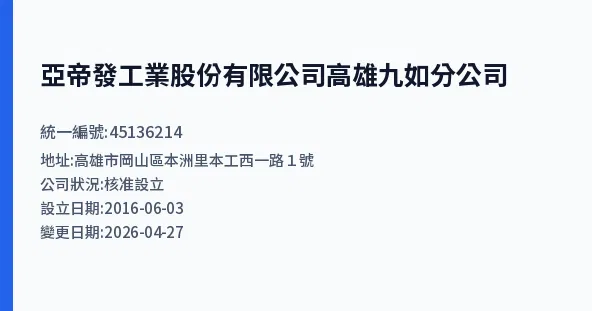 亞帝發工業股份有限公司高雄九如分公司的照片-統編 45136214(高雄市) 公司登記資料與營業項目詳細圖表