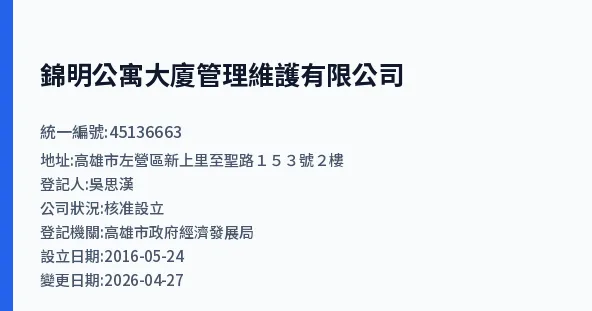 錦明公寓大廈管理維護有限公司的照片-統編 45136663(高雄市) 公司登記資料與營業項目詳細圖表