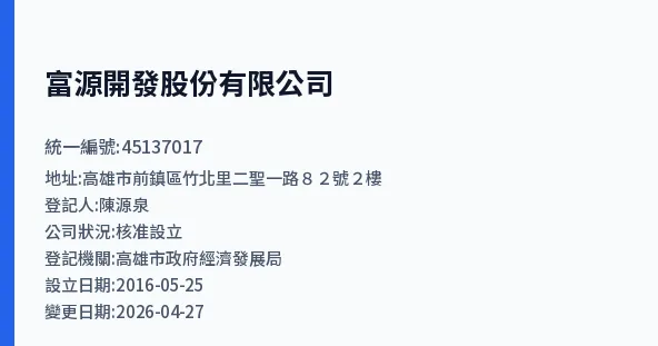 富源開發股份有限公司的照片-統編 45137017(高雄市) 公司登記資料與營業項目詳細圖表