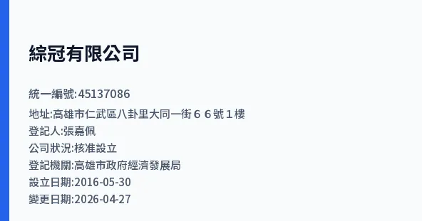 綜冠有限公司的照片-統編 45137086(高雄市) 公司登記資料與營業項目詳細圖表
