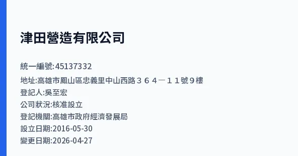 津田營造有限公司的照片-統編 45137332(高雄市) 公司登記資料與營業項目詳細圖表