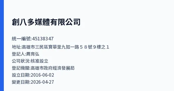 創八多媒體有限公司的照片-統編 45138347(高雄市) 公司登記資料與營業項目詳細圖表