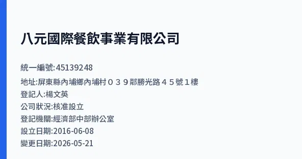 八元國際餐飲事業有限公司的照片-統編 45139248(屏東縣) 公司登記資料與營業項目詳細圖表