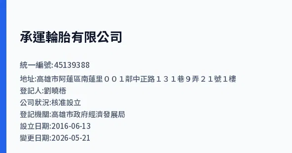 承運輪胎有限公司的照片-統編 45139388(高雄市) 公司登記資料與營業項目詳細圖表
