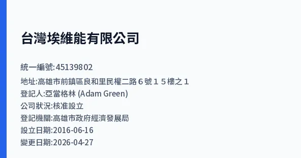 台灣埃維能股份有限公司的照片-統編 45139802(高雄市) 公司登記資料與營業項目詳細圖表