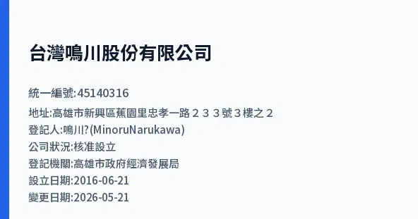 台灣鳴川股份有限公司的照片-統編 45140316(高雄市) 公司登記資料與營業項目詳細圖表
