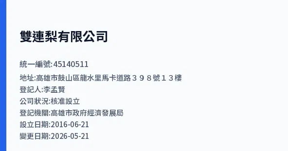 雙連梨有限公司的照片-統編 45140511(高雄市) 公司登記資料與營業項目詳細圖表