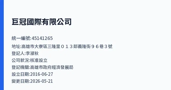 巨冠國際有限公司的照片-統編 45141265(高雄市) 公司登記資料與營業項目詳細圖表