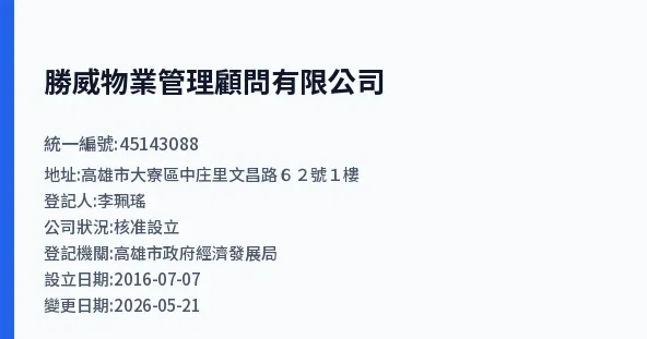 勝威物業管理顧問有限公司的照片-統編 45143088(高雄市) 公司登記資料與營業項目詳細圖表