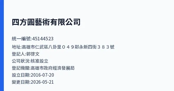 四方圓藝術有限公司的照片-統編 45144523(高雄市) 公司登記資料與營業項目詳細圖表