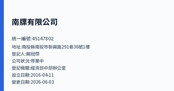 南牒有限公司的照片-統編 45147802(南投縣) 公司登記資料與營業項目詳細圖表