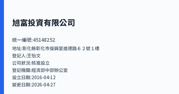旭富投資有限公司的照片-統編 45148252(彰化縣) 公司登記資料與營業項目詳細圖表