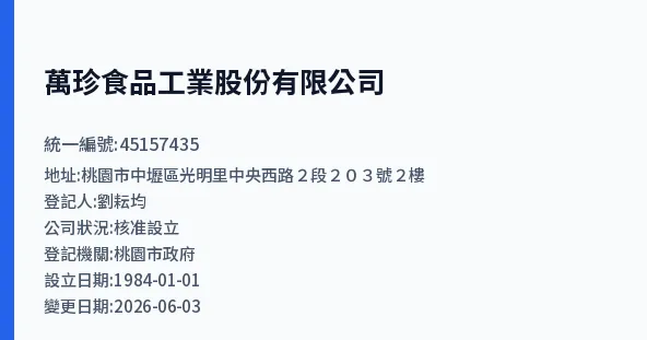 萬珍食品工業股份有限公司的照片-統編 45157435(桃園市) 公司登記資料與營業項目詳細圖表