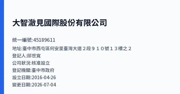大智澈見國際股份有限公司的照片-統編 45189611(臺中市) 公司登記資料與營業項目詳細圖表