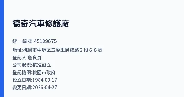 德奇汽車修護廠的照片-統編 45189675(桃園市) 公司登記資料與營業項目詳細圖表