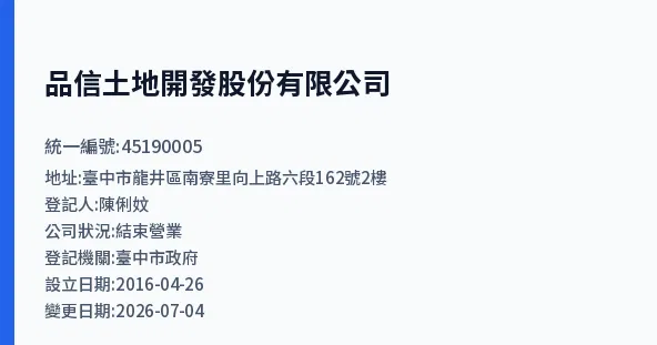品信土地開發股份有限公司的照片-統編 45190005(臺中市) 公司登記資料與營業項目詳細圖表