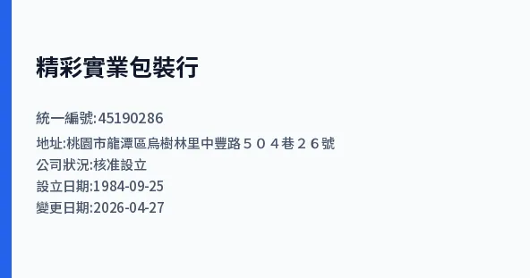 精彩實業包裝行的照片-統編 45190286(桃園市) 公司登記資料與營業項目詳細圖表
