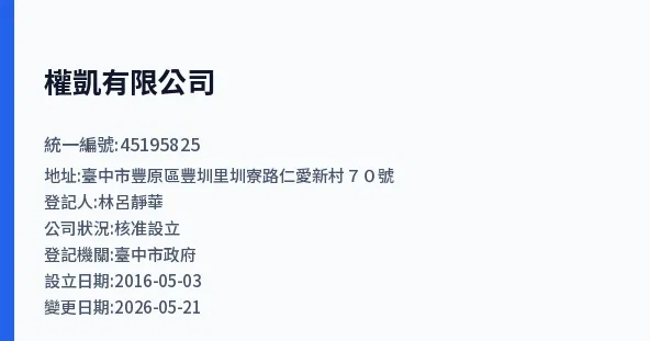 權凱有限公司的照片-統編 45195825(臺中市) 公司登記資料與營業項目詳細圖表