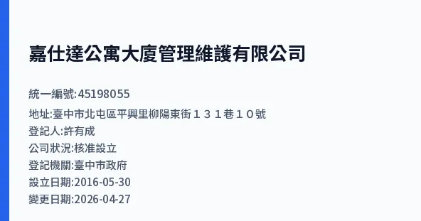 嘉仕達公寓大廈管理維護有限公司的照片-統編 45198055(臺中市) 公司登記資料與營業項目詳細圖表
