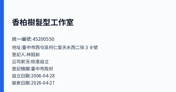香柏樹髮型工作室的照片-統編 45200550(臺中市) 公司登記資料與營業項目詳細圖表