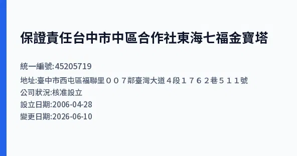 保證責任台中市中區合作社東海七福金寶塔的照片-統編 45205719(臺中市) 公司登記資料與營業項目詳細圖表