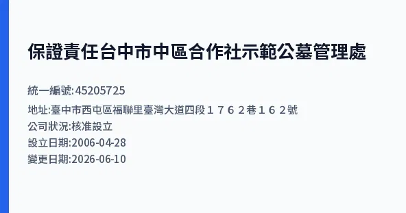 保證責任台中市中區合作社示範公墓管理處的照片-統編 45205725(臺中市) 公司登記資料與營業項目詳細圖表