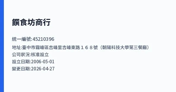 饌食坊商行的照片-統編 45210396(臺中市) 公司登記資料與營業項目詳細圖表