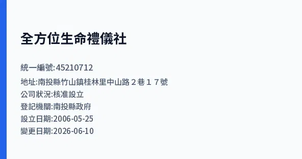 全方位生命禮儀社的照片-統編 45210712(南投縣) 公司登記資料與營業項目詳細圖表