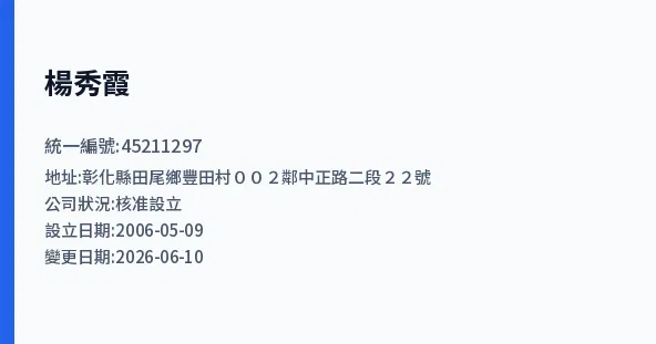 楊秀霞的照片-統編 45211297(彰化縣) 公司登記資料與營業項目詳細圖表