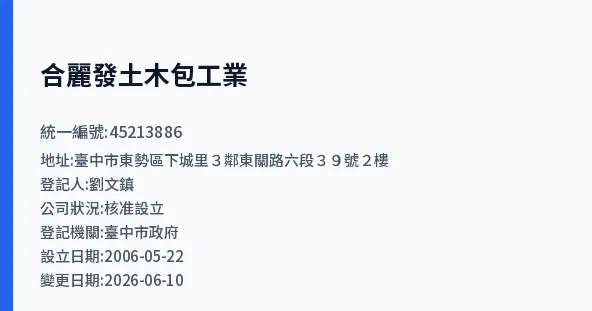 合麗發土木包工業的照片-統編 45213886(臺中市) 公司登記資料與營業項目詳細圖表