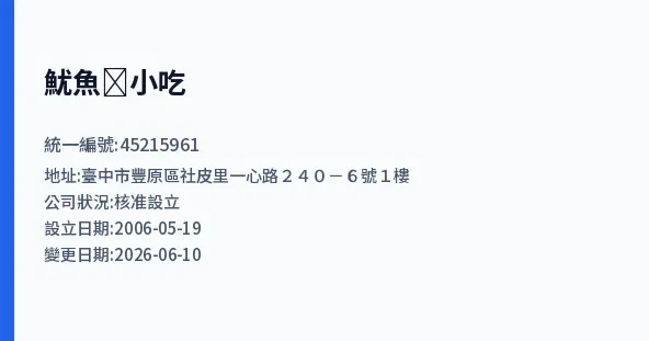 魷魚焿小吃的照片-統編 45215961(臺中市) 公司登記資料與營業項目詳細圖表