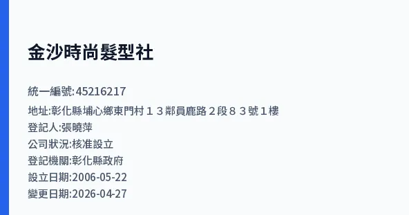 金沙時尚髮型社的照片-統編 45216217(彰化縣) 公司登記資料與營業項目詳細圖表