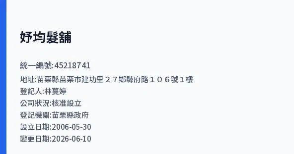 妤均髮舖的照片-統編 45218741(苗栗縣) 公司登記資料與營業項目詳細圖表