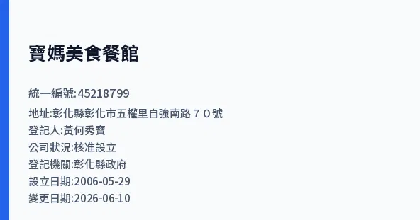寶媽美食餐館的照片-統編 45218799(彰化縣) 公司登記資料與營業項目詳細圖表