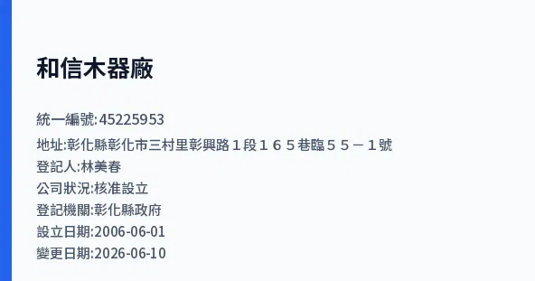 和信木器廠的照片-統編 45225953(彰化縣) 公司登記資料與營業項目詳細圖表