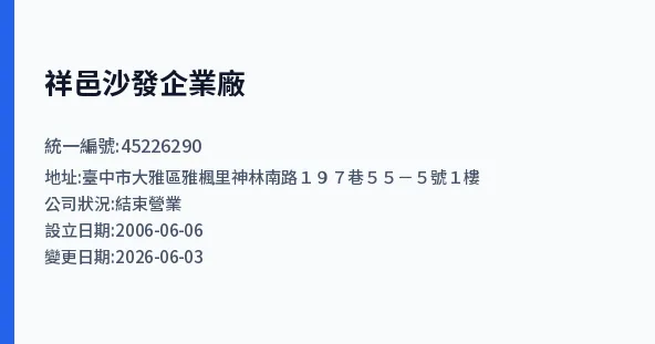 祥邑沙發企業廠的照片-統編 45226290(臺中市) 公司登記資料與營業項目詳細圖表