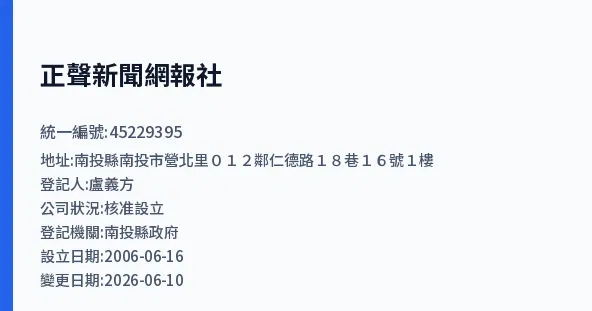 正聲新聞網報社的照片-統編 45229395(南投縣) 公司登記資料與營業項目詳細圖表