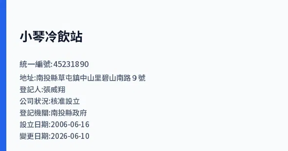 小琴冷飲站的照片-統編 45231890(南投縣) 公司登記資料與營業項目詳細圖表