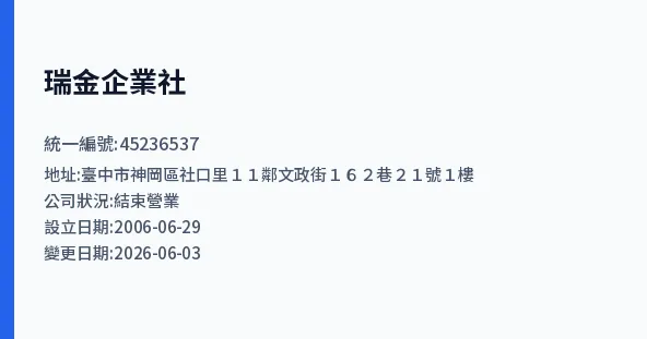 瑞金企業社的照片-統編 45236537(臺中市) 公司登記資料與營業項目詳細圖表