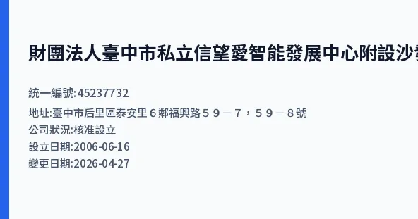 財團法人臺中市私立信望愛智能發展中心附設沙發后花園的照片-統編 45237732(臺中市) 公司登記資料與營業項目詳細圖表