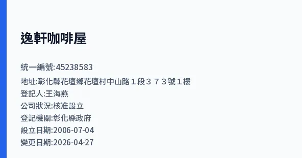 逸軒咖啡屋的照片-統編 45238583(彰化縣) 公司登記資料與營業項目詳細圖表