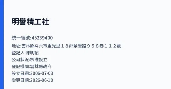 明譽精工社的照片-統編 45239400(雲林縣) 公司登記資料與營業項目詳細圖表